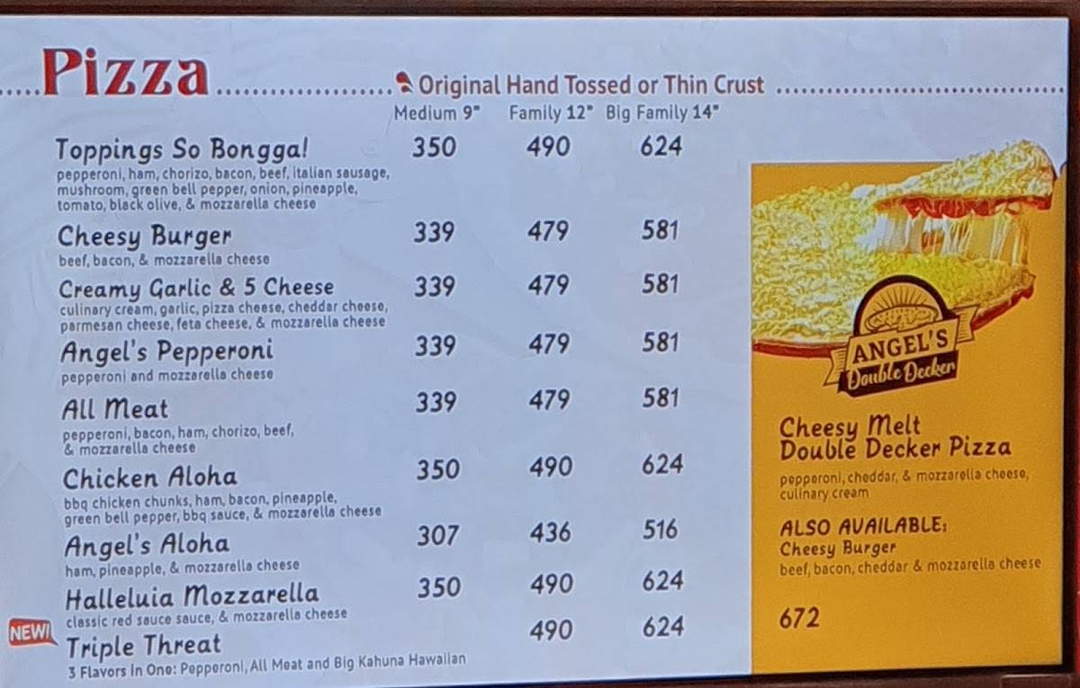 Carta del restaurante Angel's Pizza, Cebú, Unit 1 A. Strip Bldg