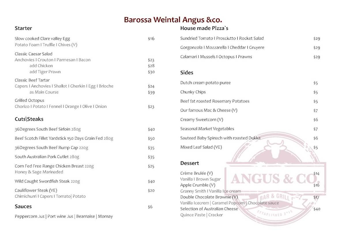 Menu at Angus & Co. Barossa, Tanunda