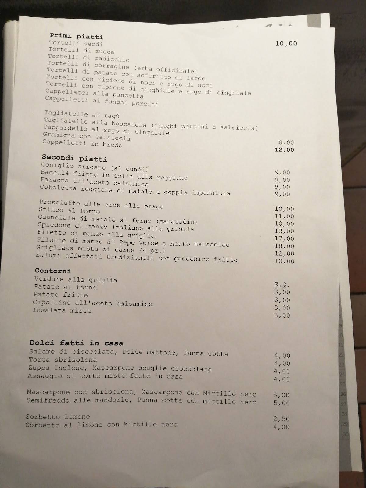 Menu da Antica Trattoria Toschi ristorante, Reggio Emilia