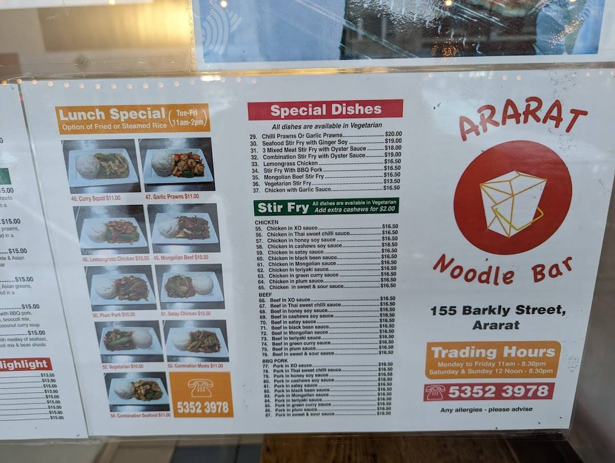 Menu at Ararat Noodle Bar, Ararat
