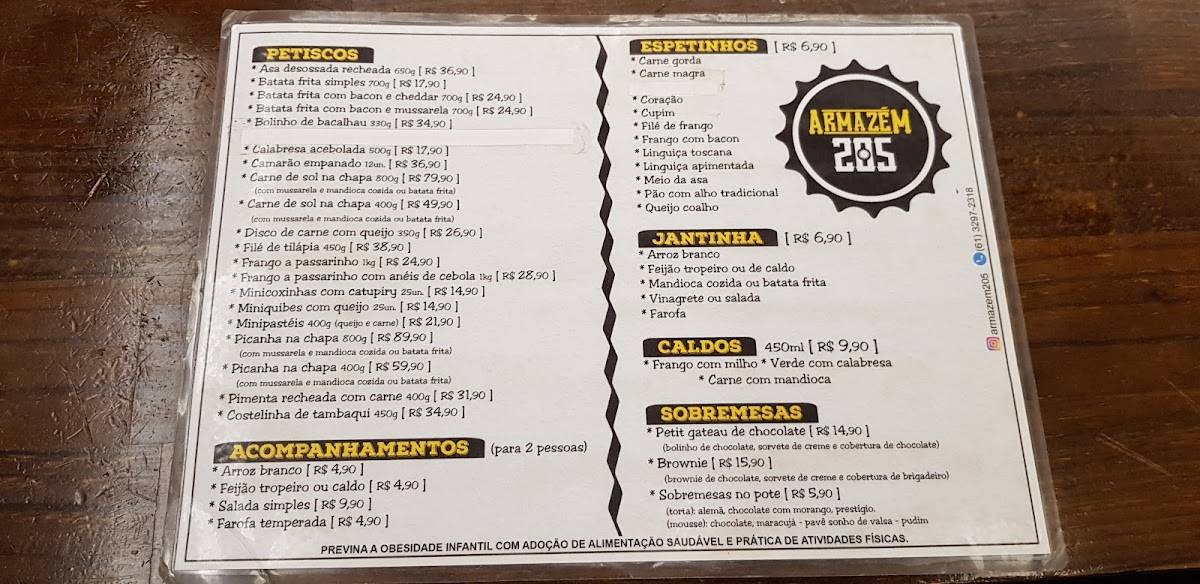 Menu at Armazém 205 restaurant, Brasília, Rua 07 Norte
