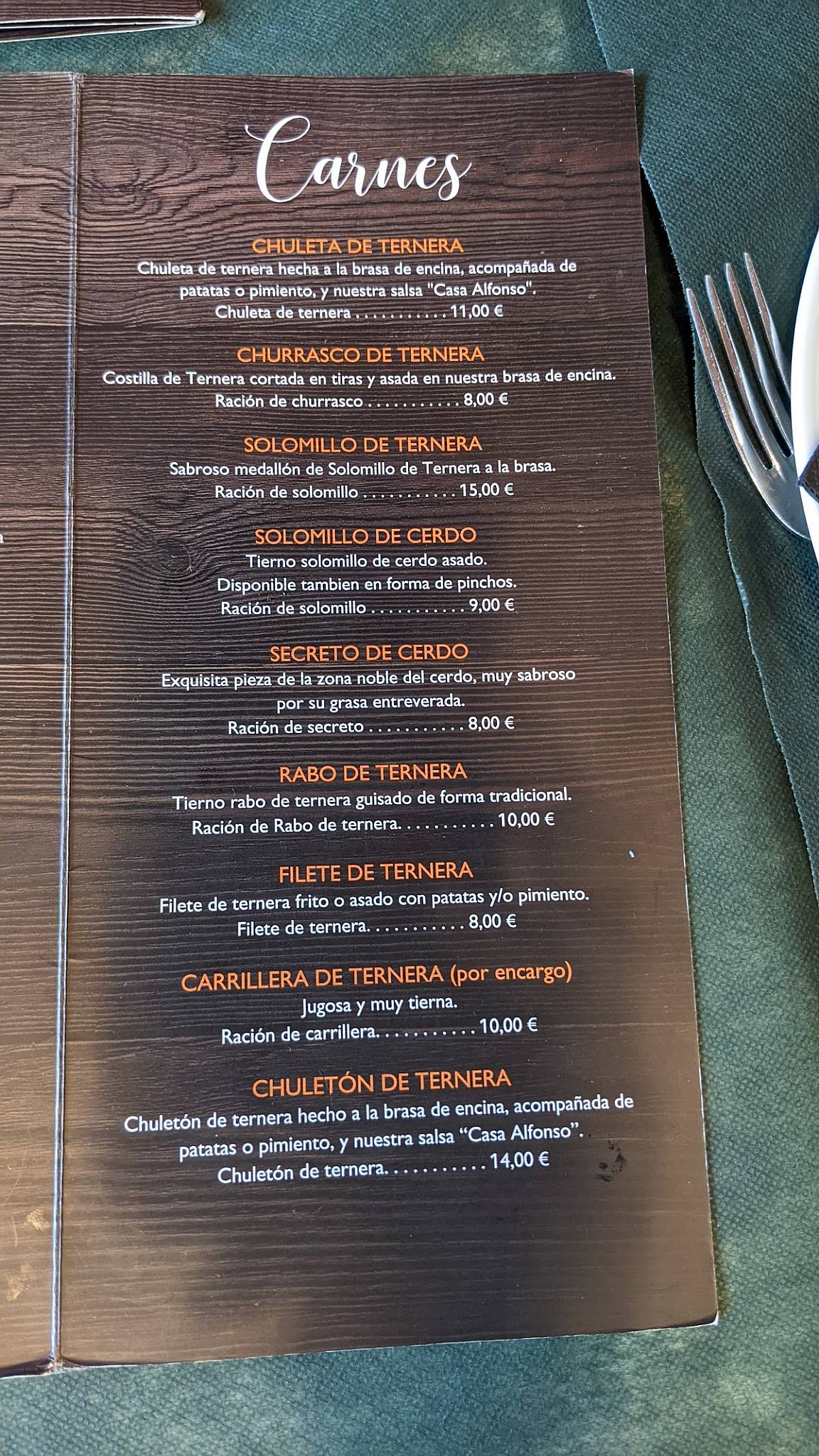 Menu at Asador Casa Alfonso restaurant, San Vitero