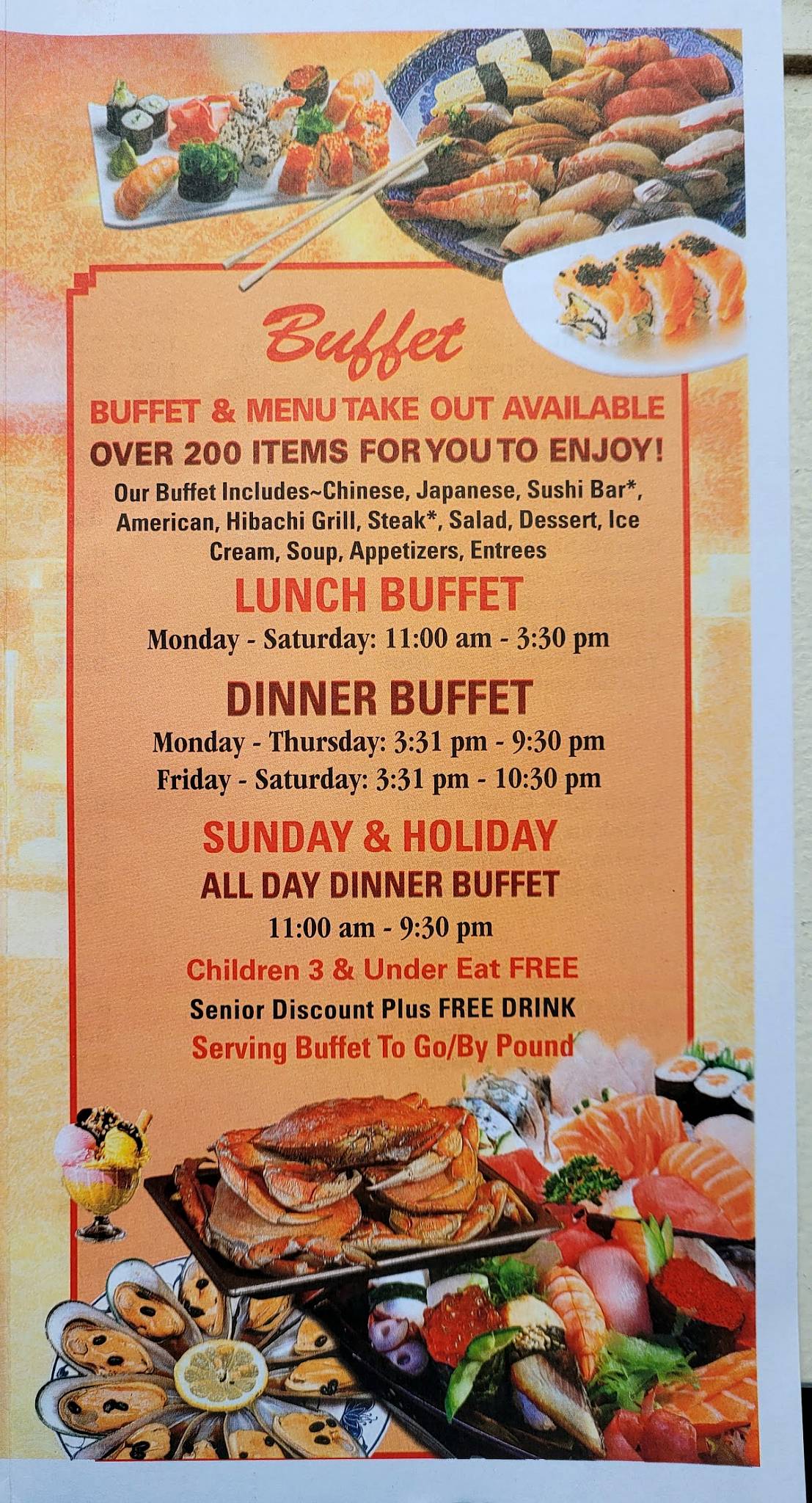 Menu at Asian Buffet (Sushi & Hibachi) restaurant, Rochester