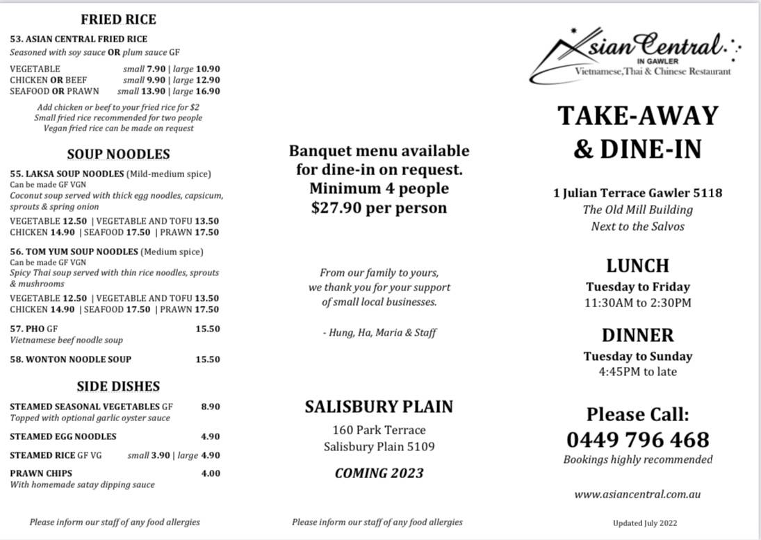 Menu at Asian Central Gawler restaurant, Gawler
