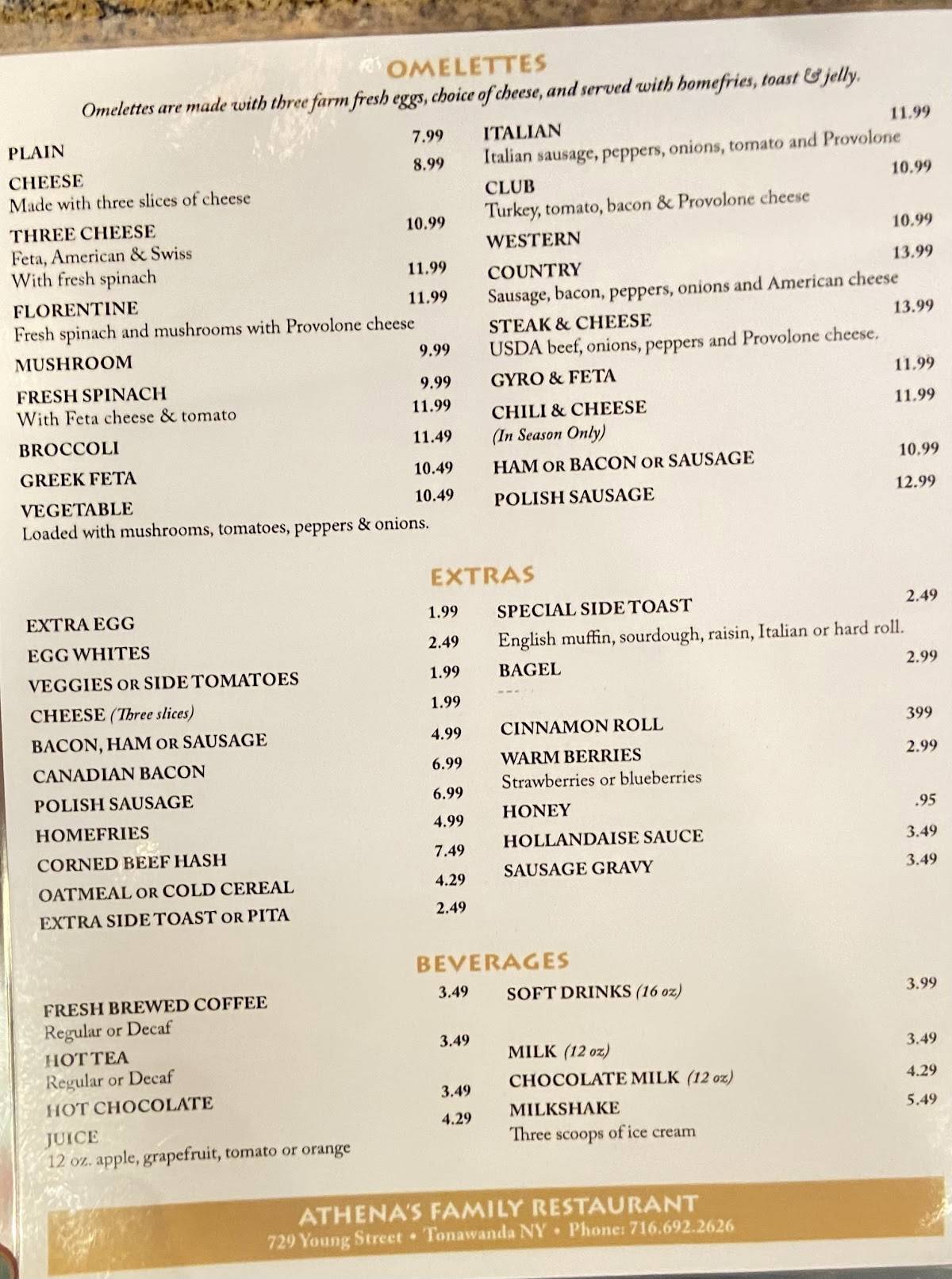 Menu at Athena's Family Restaurant, Tonawanda