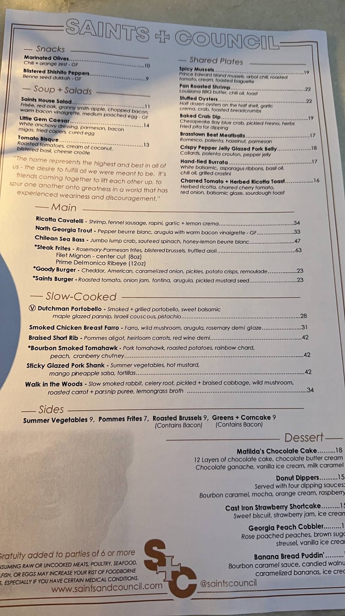 Menu at Saints + Council pub & bar, Atlanta