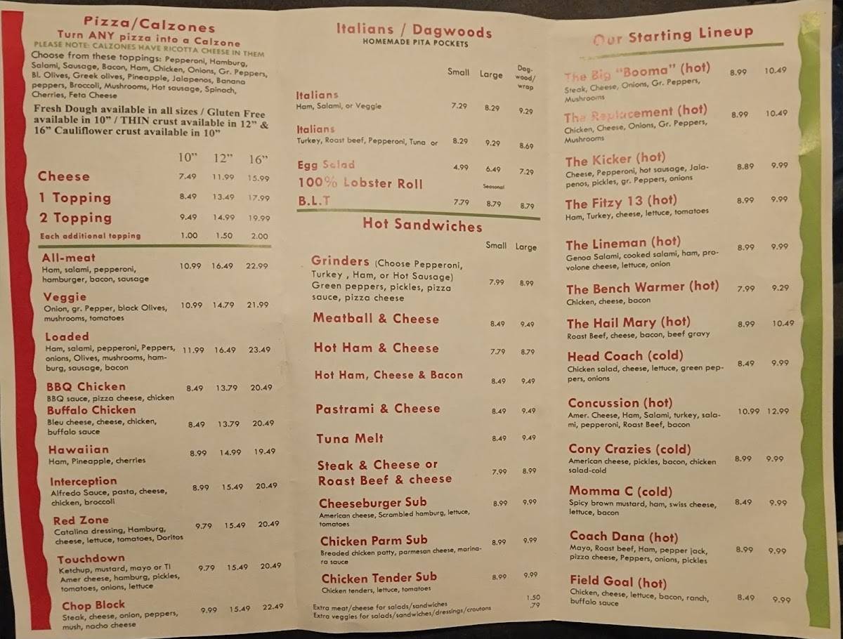 Menu at End Zone pizzeria, Augusta