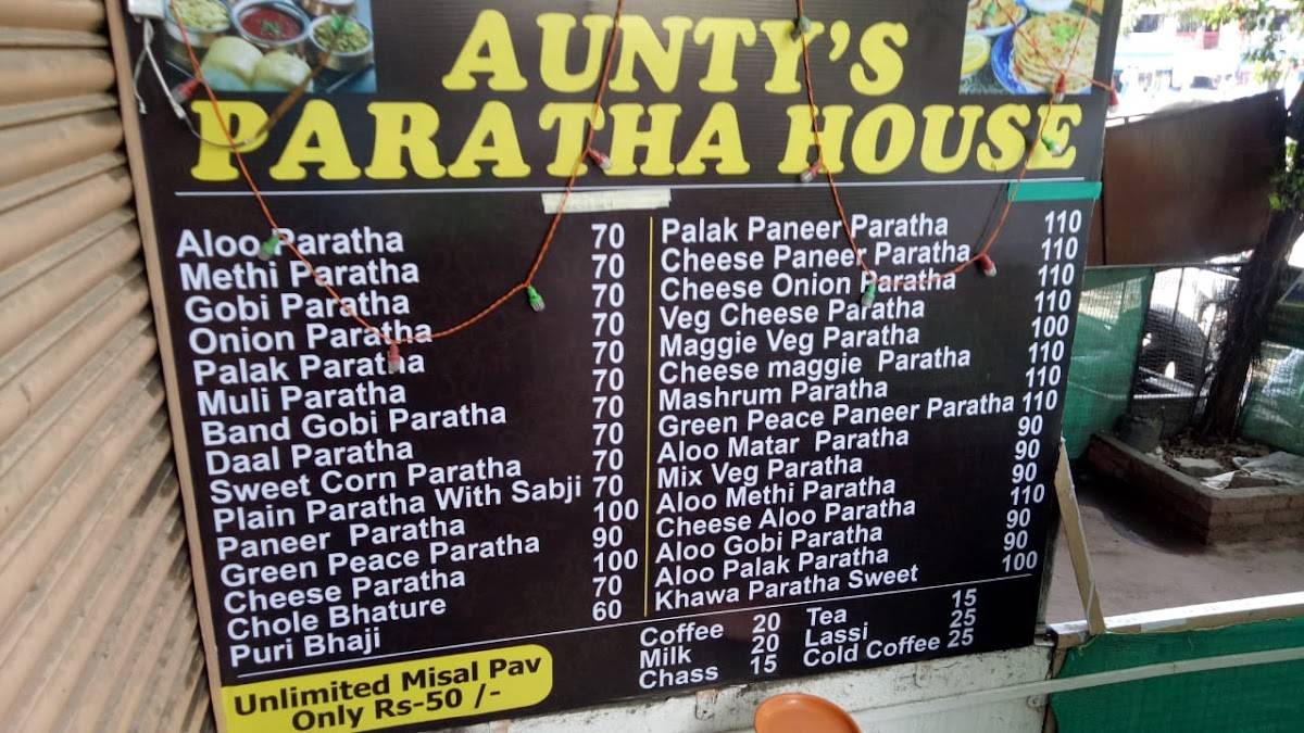 Menu at Aunty's Paratha House, Pune, Chowk