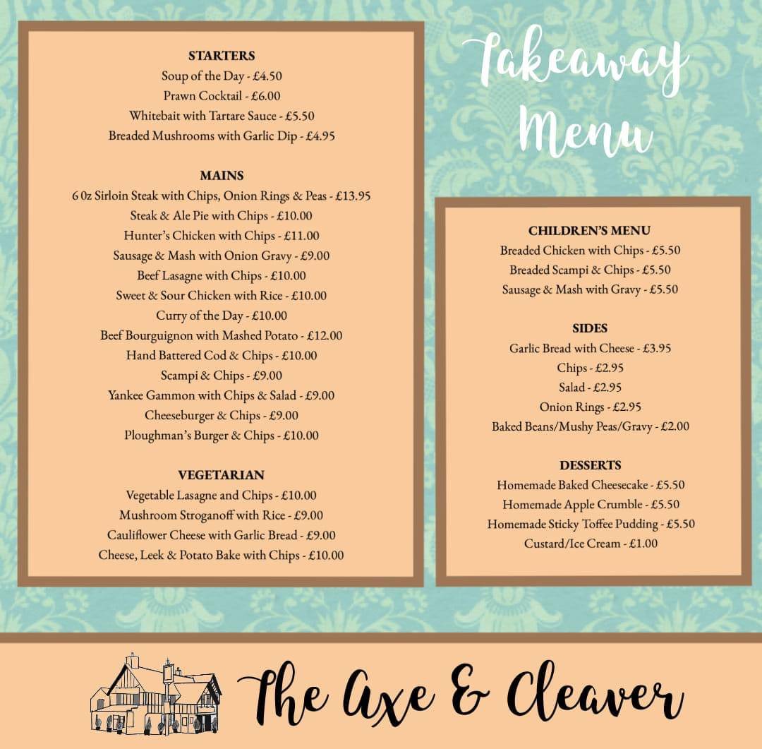 Menu at Axe & Cleaver pub & bar, England, A49