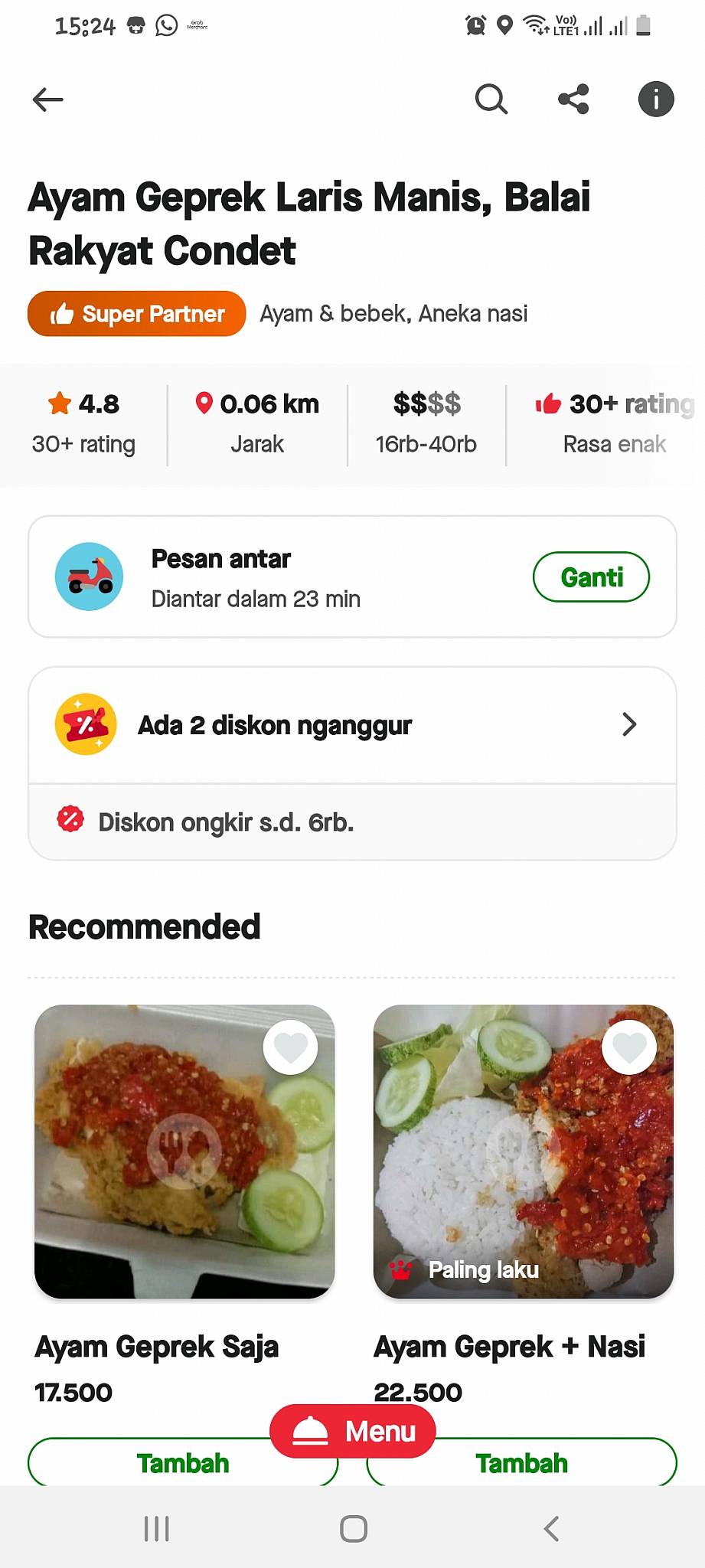 Menu at Ayam Geprek Laris Manis, CONDET restaurant, East Jakarta