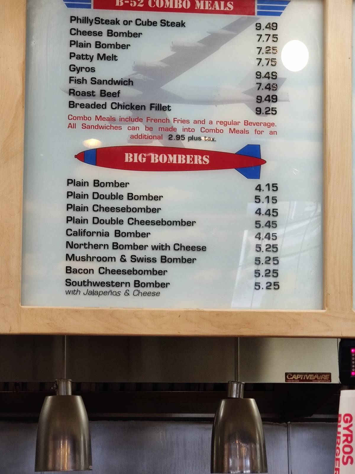 Menu at B52 Bombers fast food, Menomonee Falls