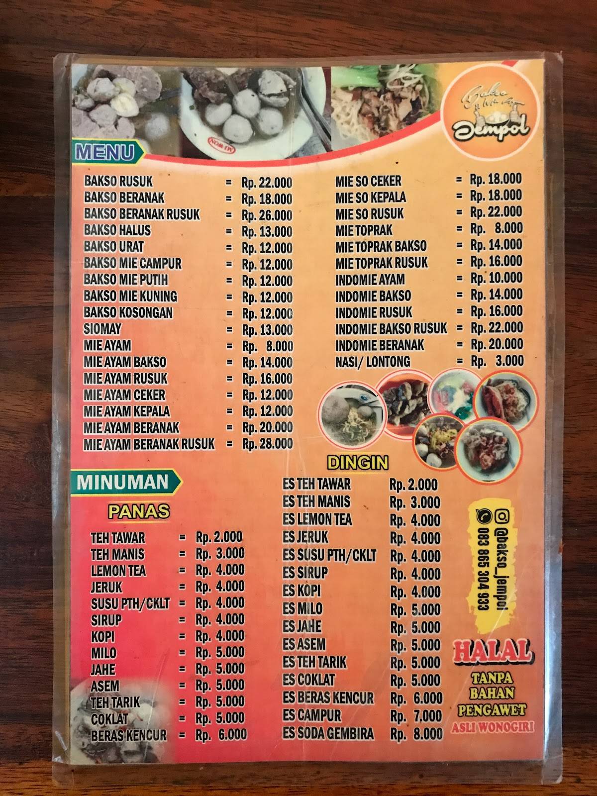 Menu at BAKSO JEMPOL restaurant, Wonogiri, Wonogiri-Solo