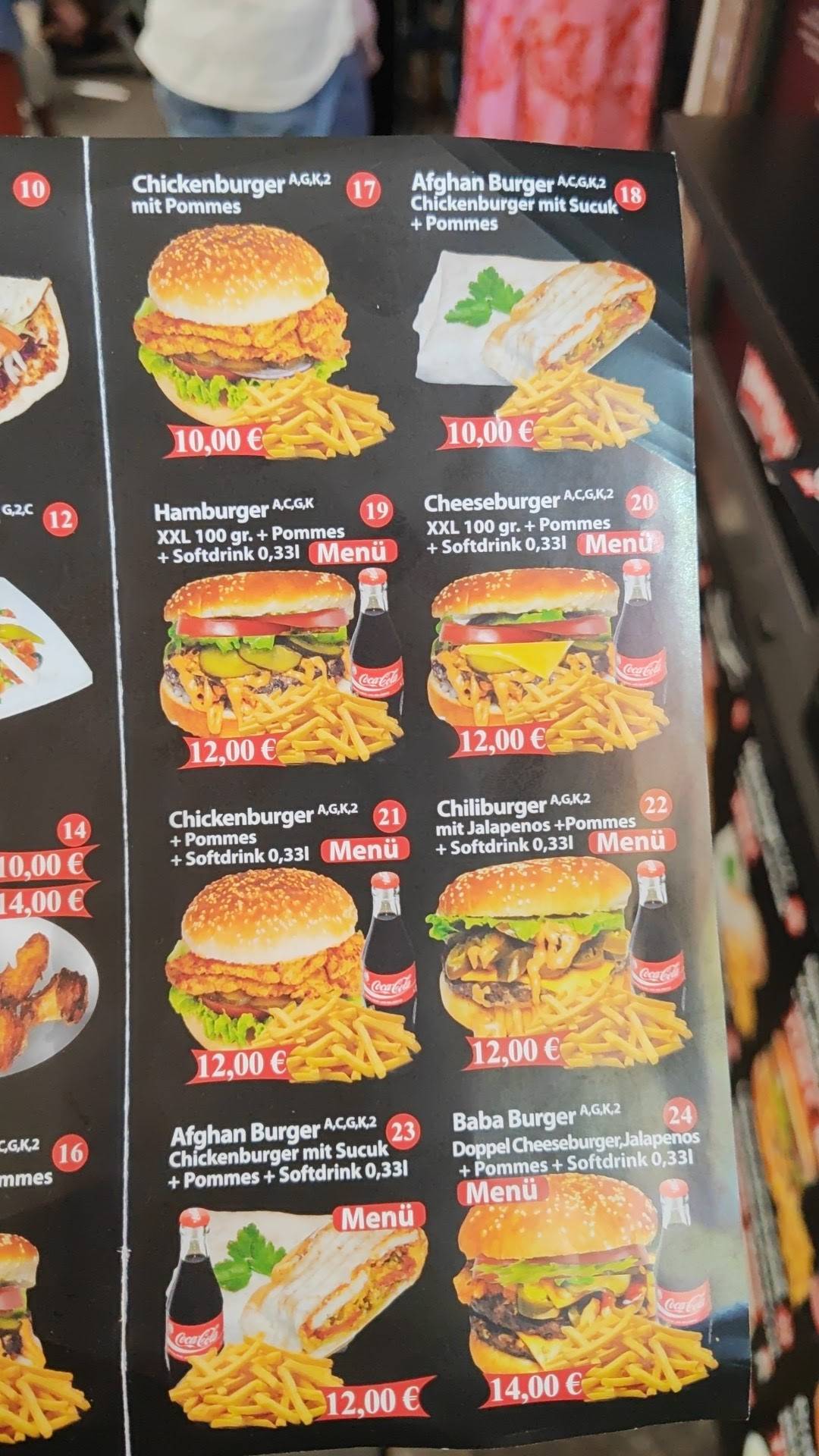 Menu at Baba Burger restaurant, Frankfurt