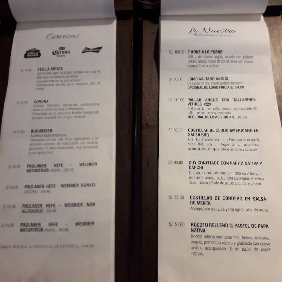 Carta del restaurante Baco y Vaca | San Isidro, Lima