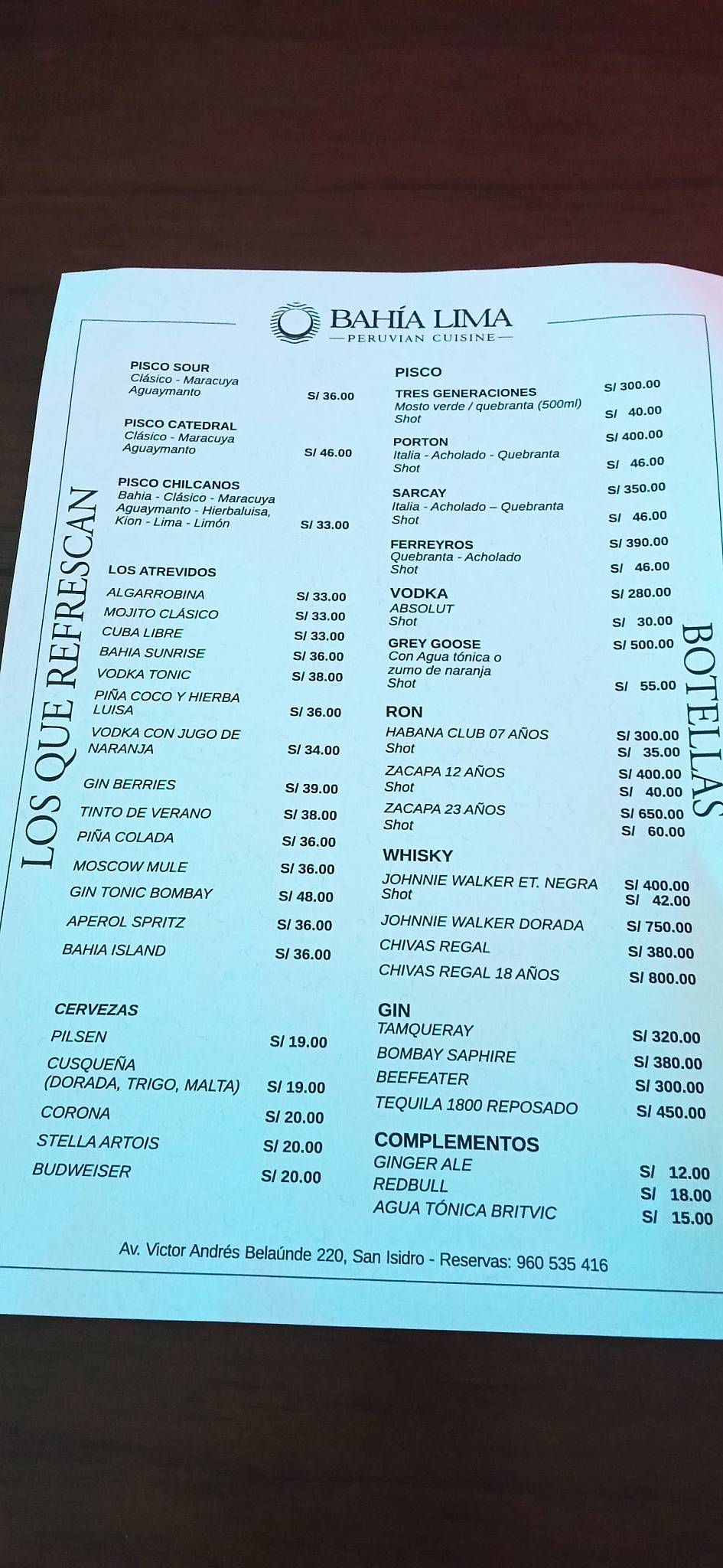 Carta de Bahía Lima Restaurante - San Isidro, Lima