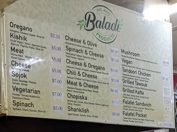 Menu at Baladi on Brady fast food, Dandenong North