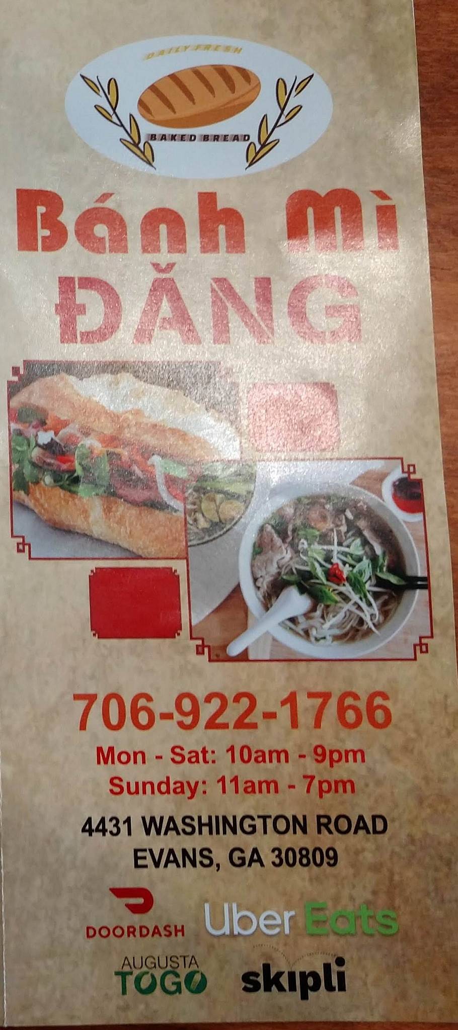 Menu at Banh Mi Dang restaurant, Evans