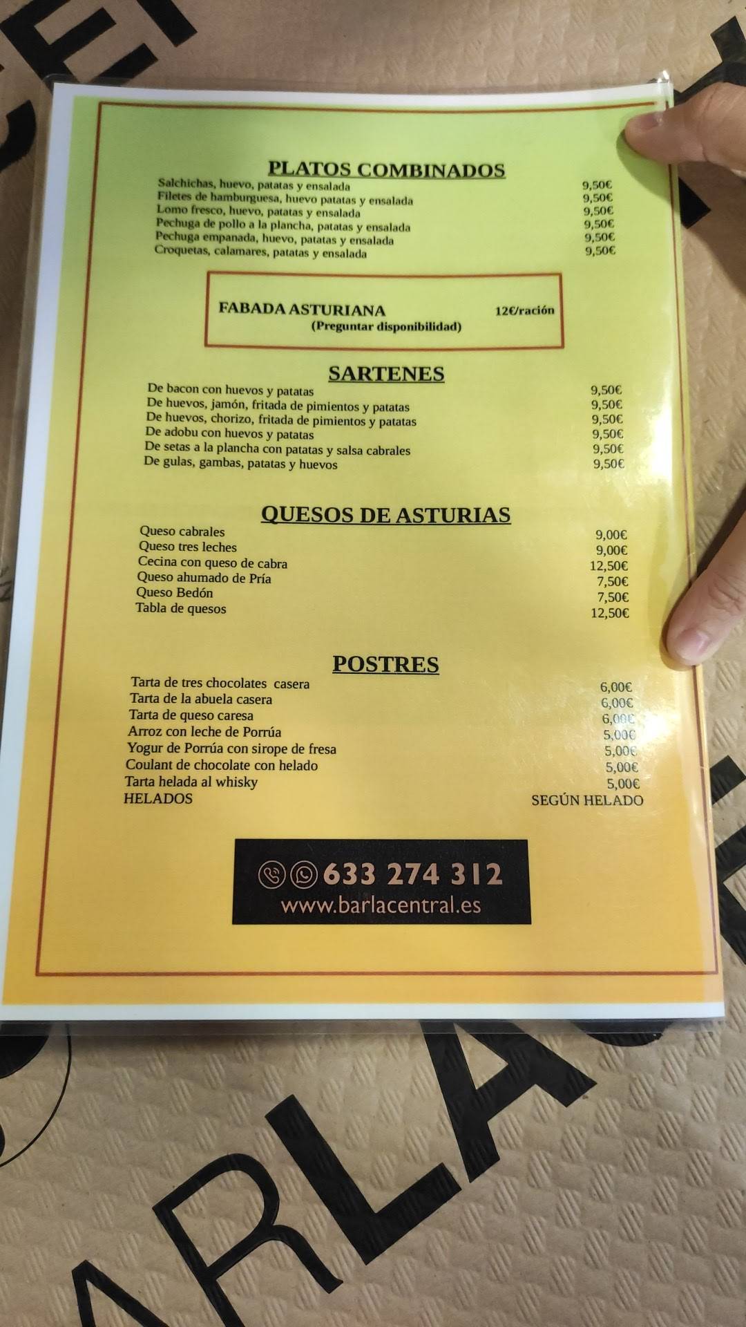 Carta de Bar La Central, Nueva