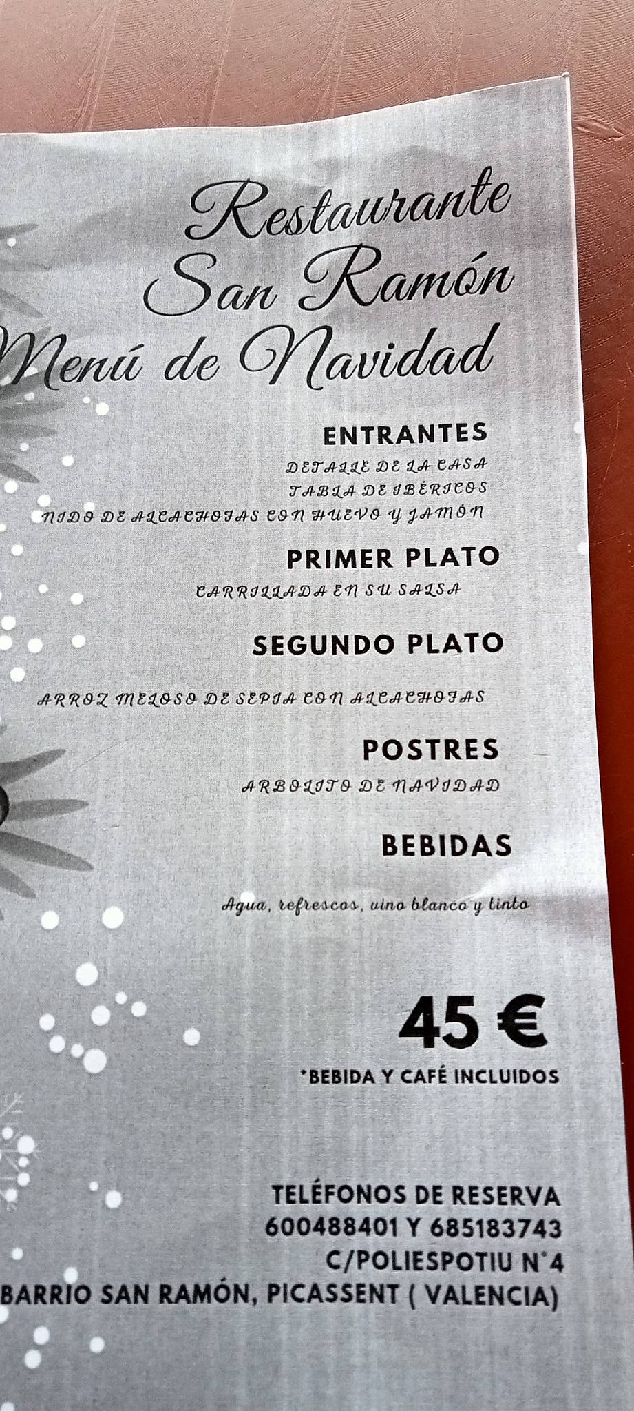 Menu at Barrio de San Ramón, Picassent