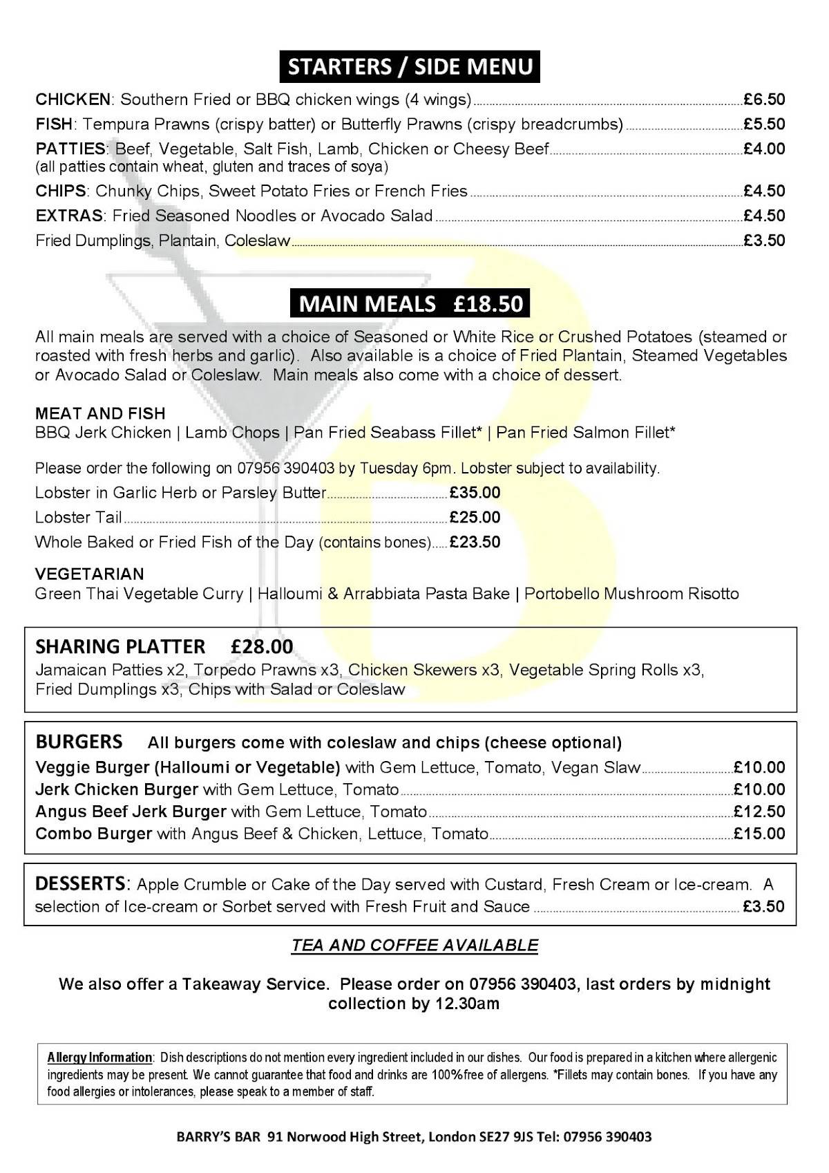 Menu at Barry's Bar, London