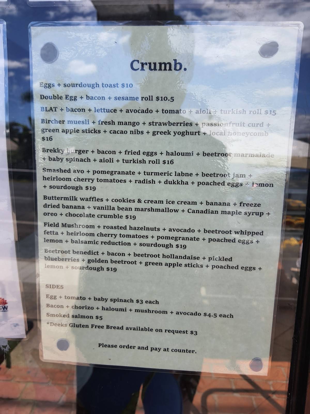 Menu at Crumb Cafe, Batehaven