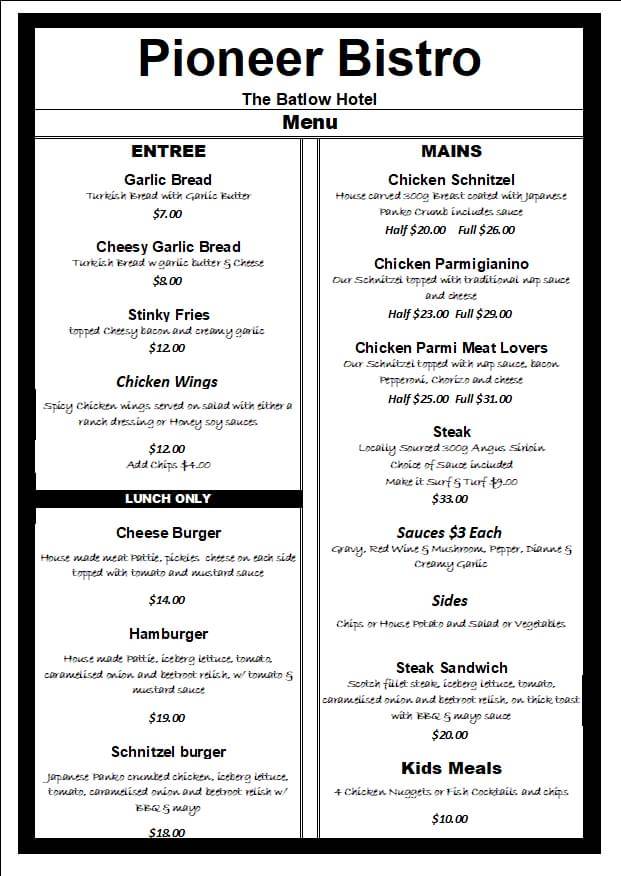 Menu at Batlow Hotel pub & bar, Batlow