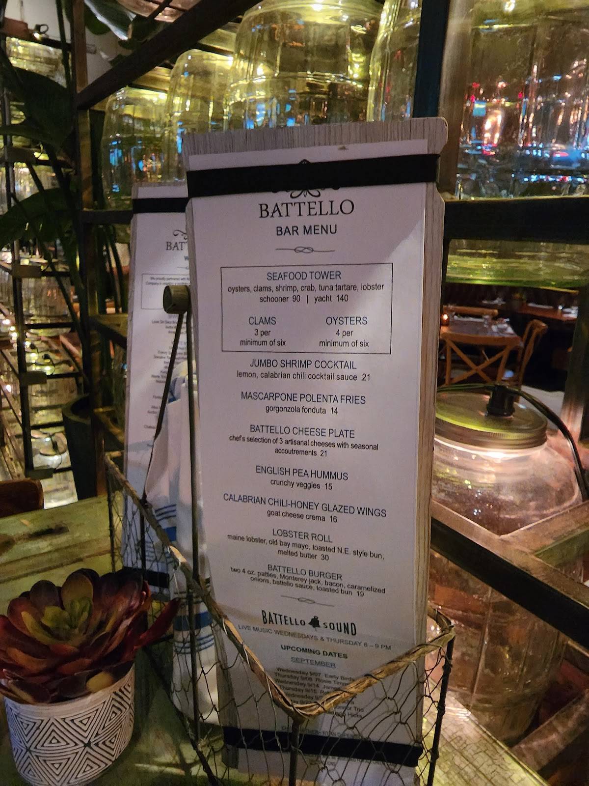 Menu at Battello restaurant, Jersey City