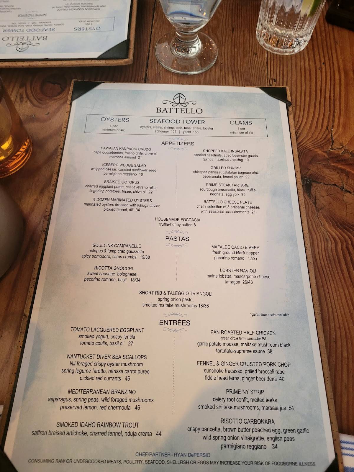 Menu at Battello restaurant, Jersey City