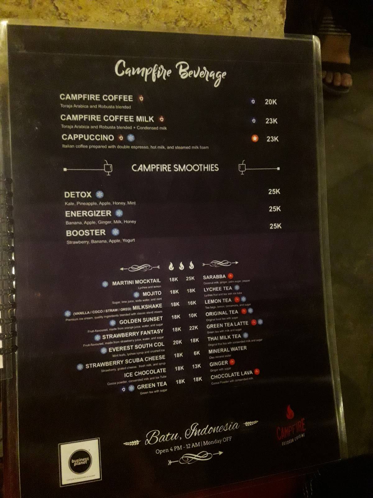 Menu at Campfire Outdoor Cuisine Batu restaurant, Batu