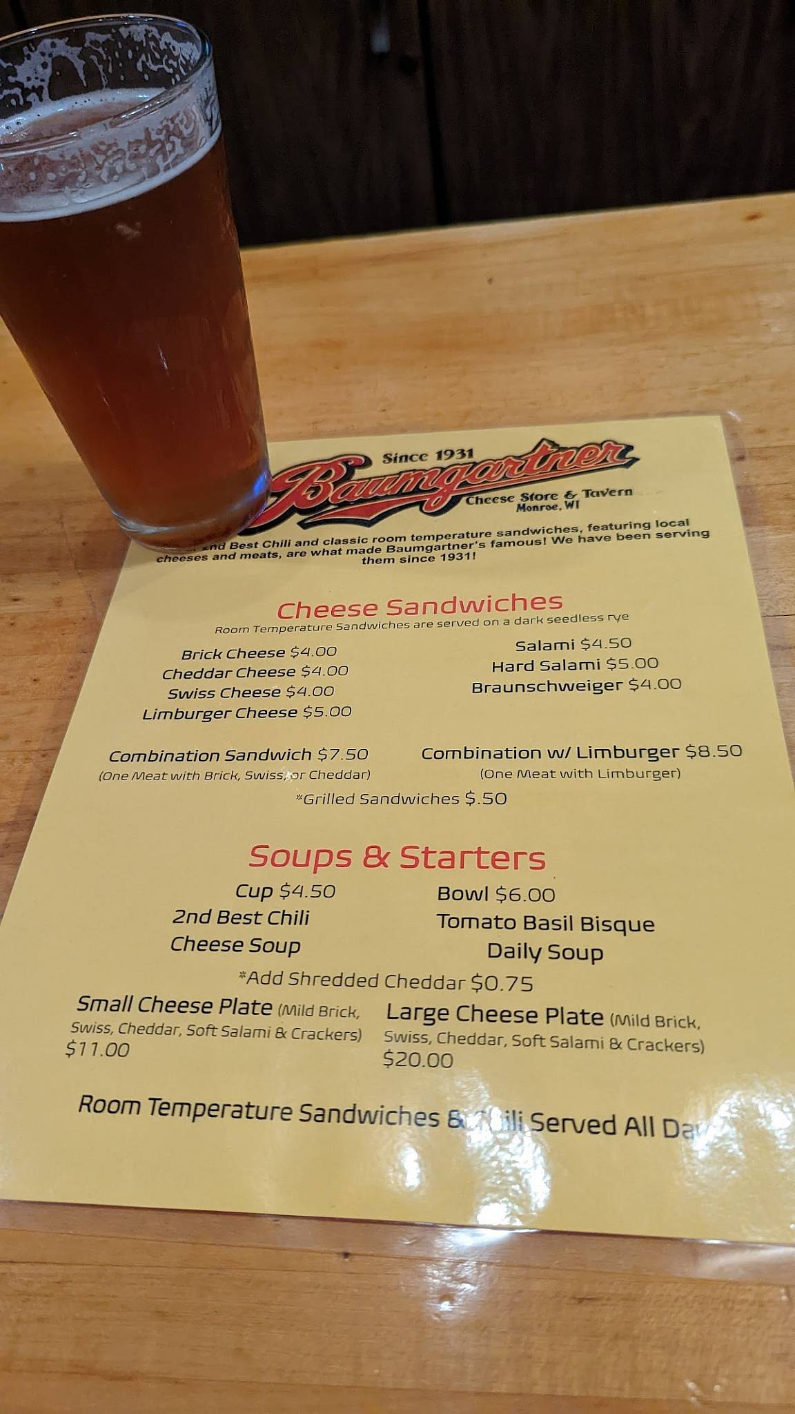 Menu at Baumgartner's Cheese Store & Tavern pub & bar, Monroe