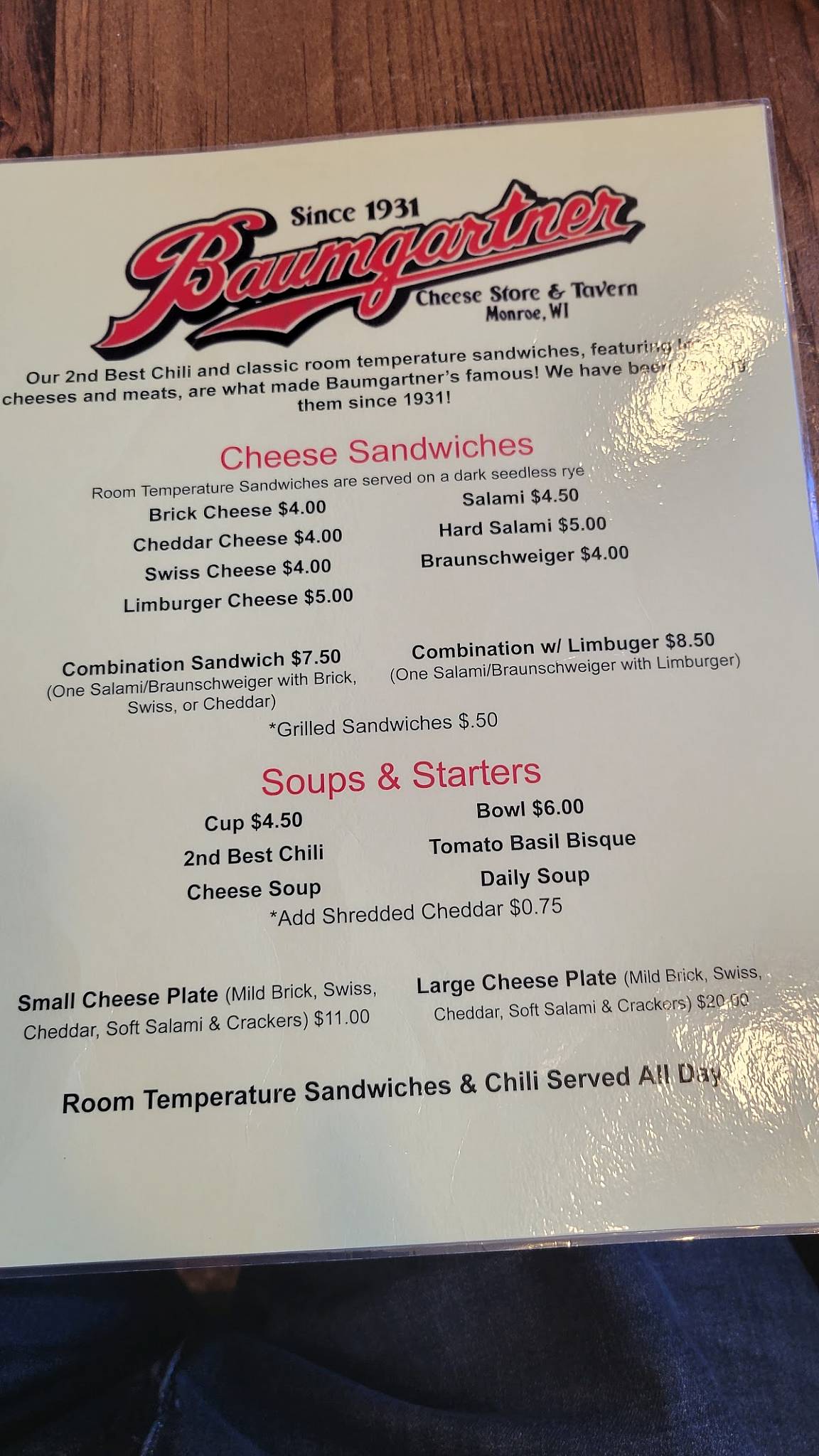 Menu at Baumgartner's Cheese Store & Tavern pub & bar, Monroe