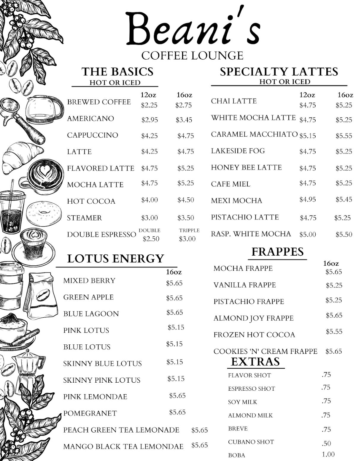 Menu at Beani's Coffee Lounge coffee house, Boyne City