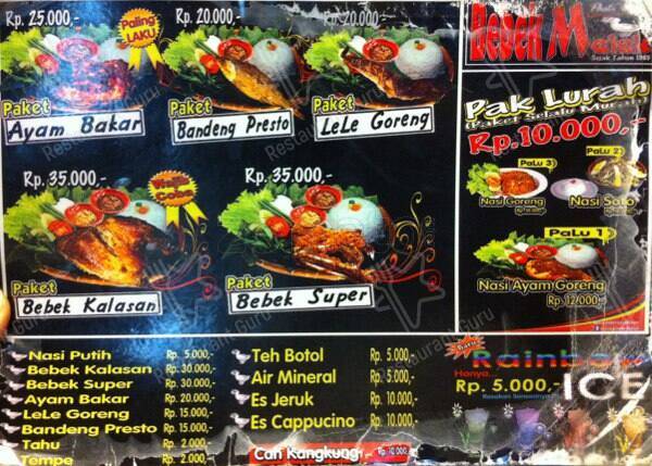 Menu at Bebek Melek restaurant, Bekasi Regency, Giant Bekasi