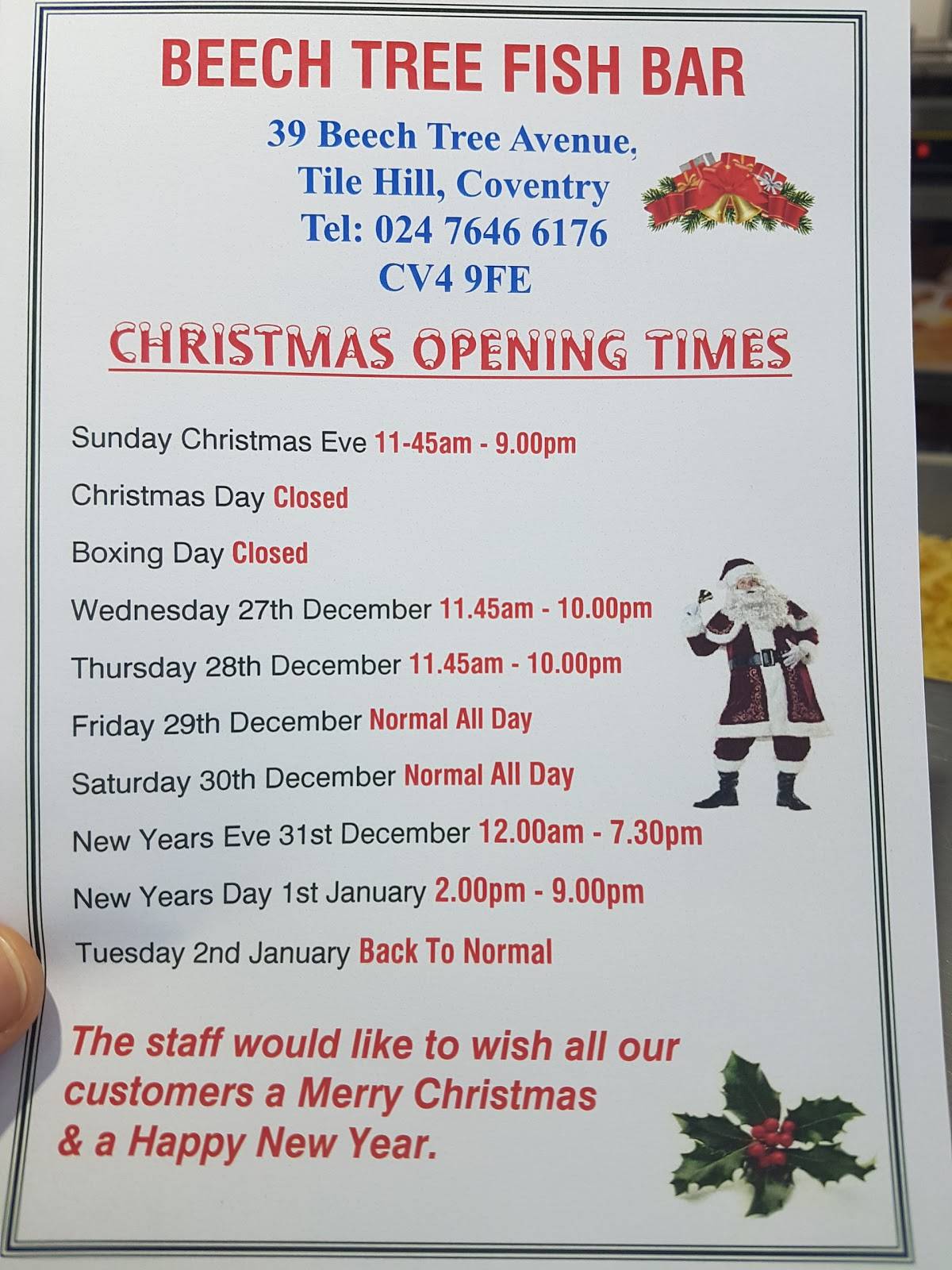 Menu at Beech Tree Fish Bar, Coventry