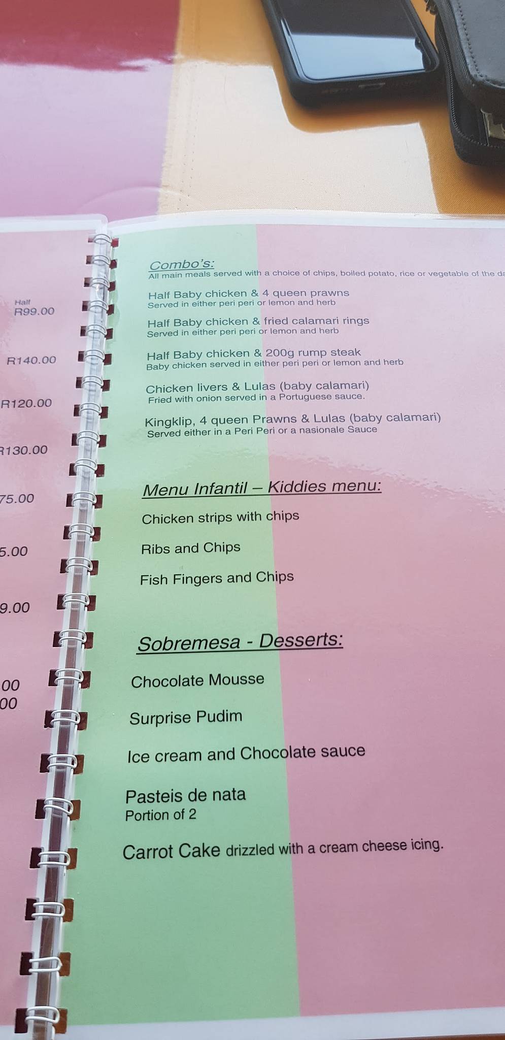 Menu at Beira Mar Portuguese Restaurant, Cape Town