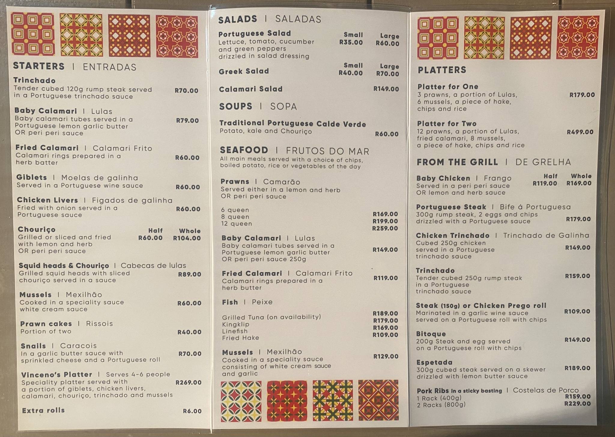 Menu at Beira Mar Portuguese Restaurant, Cape Town