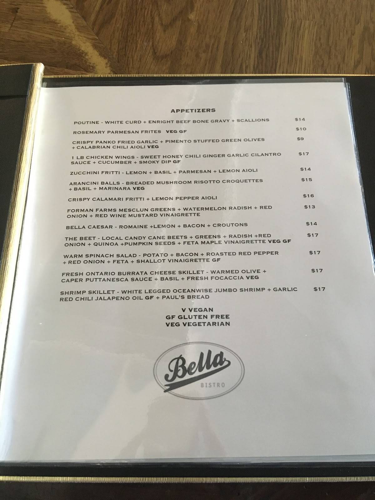 Menu at Bella Bistro restaurant, Kingston