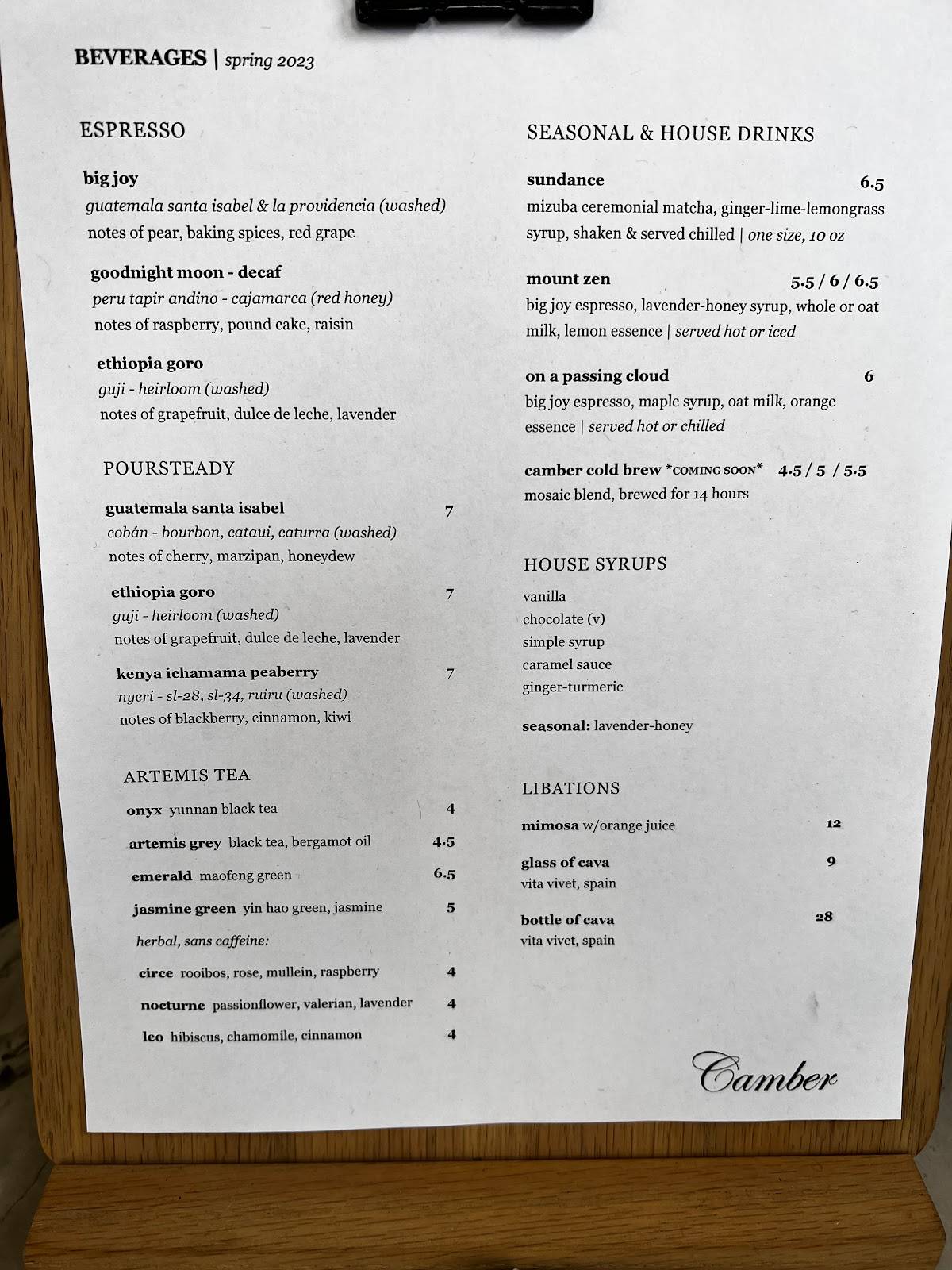 Menu at Camber Coffee cafe, Bellingham