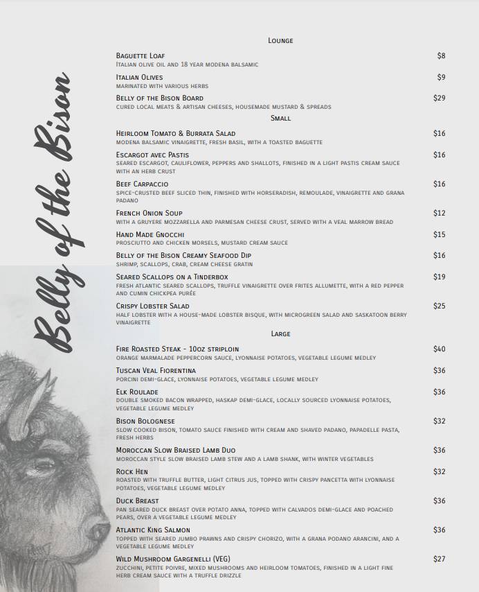 Menu at Belly of the Bison restaurant, Whitehorse