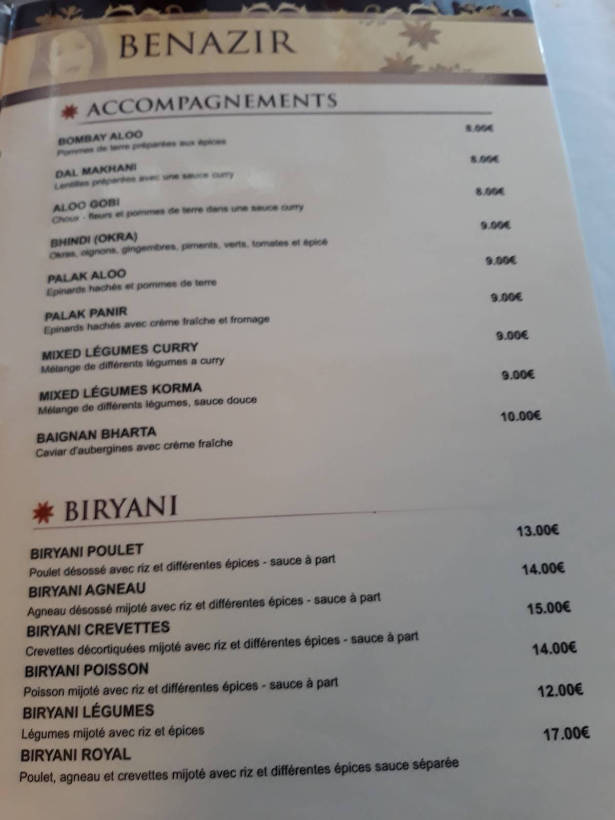 Menu au Benazir restaurant, Caen