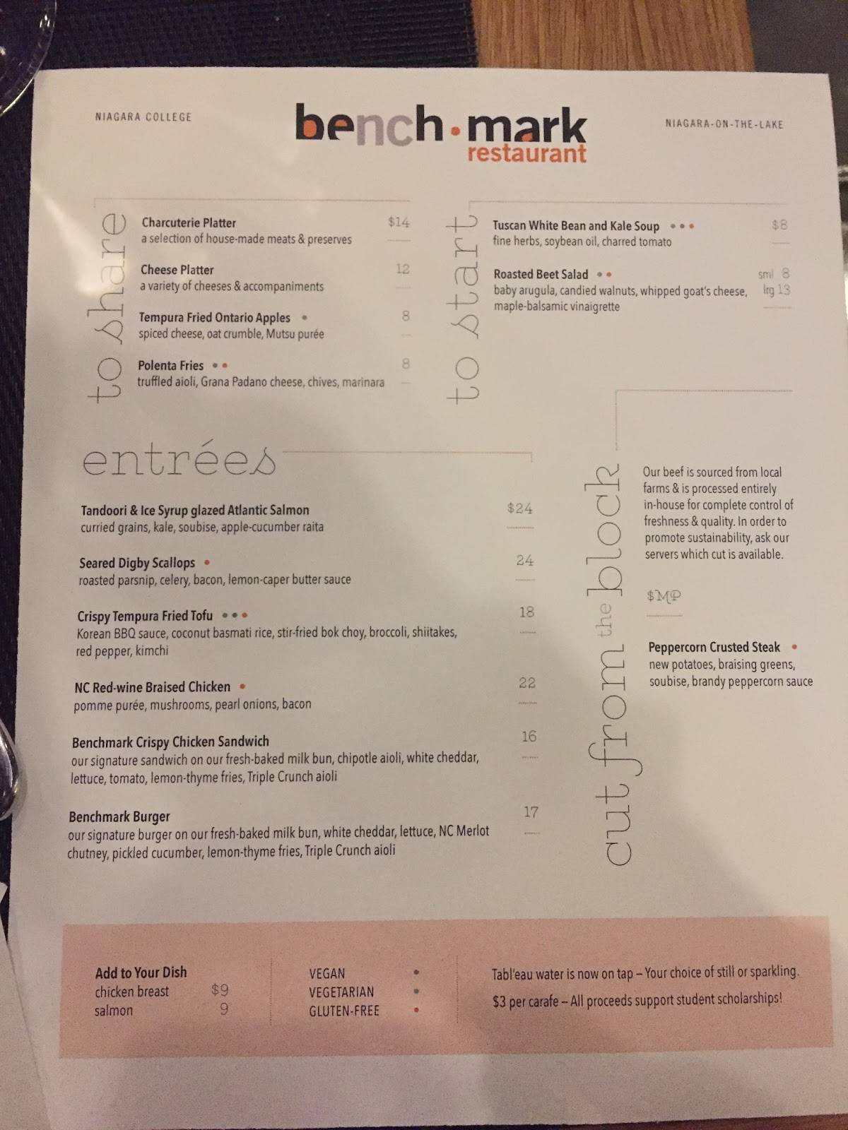 Menu at Benchmark Restaurant, Niagara-on-the-Lake