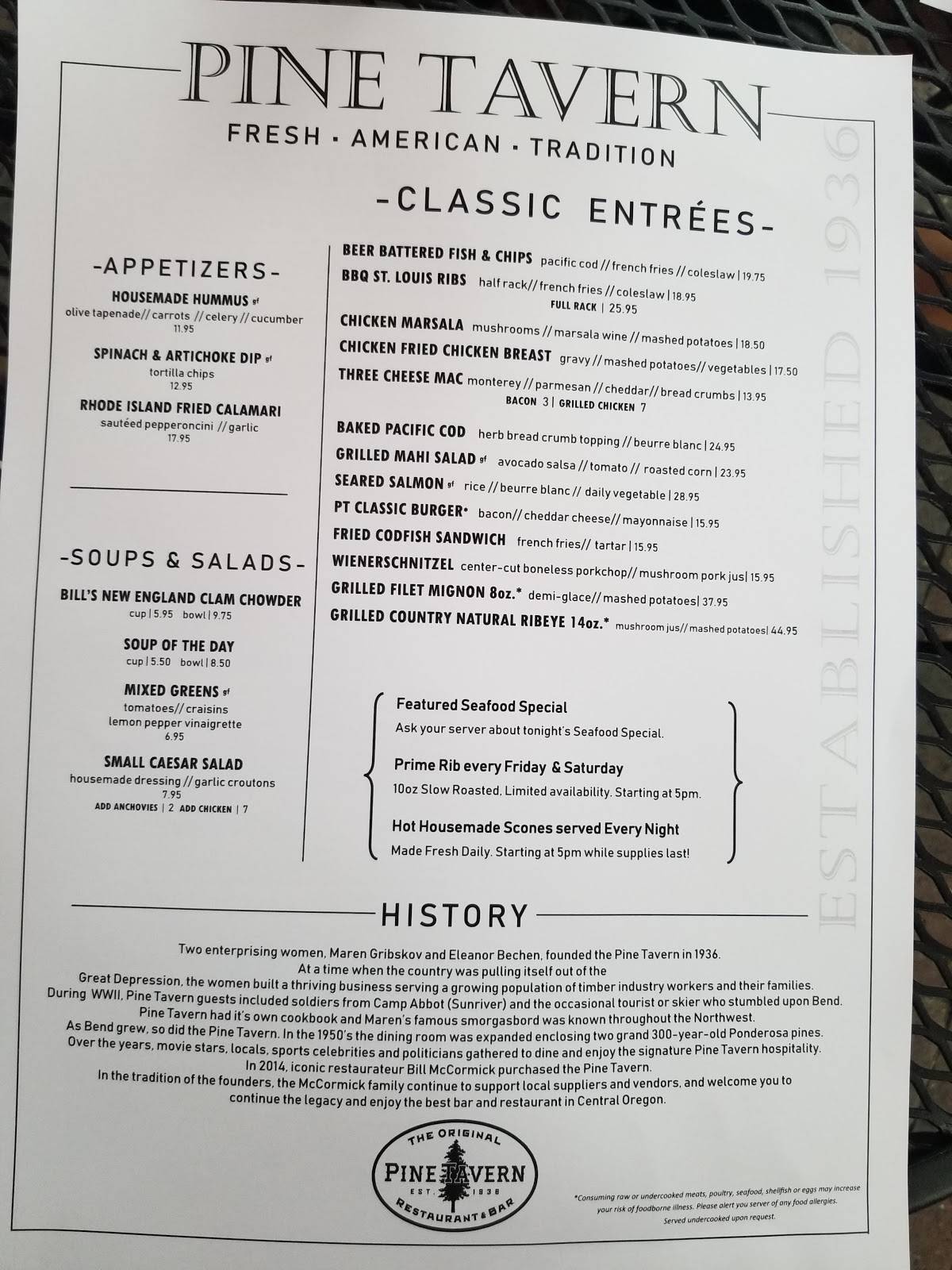 Menu at Pine Tavern Restaurant, Bend