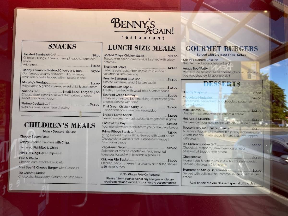 Menu at Benny's Again Restaurant, Timaru, 312 Otipua Rd