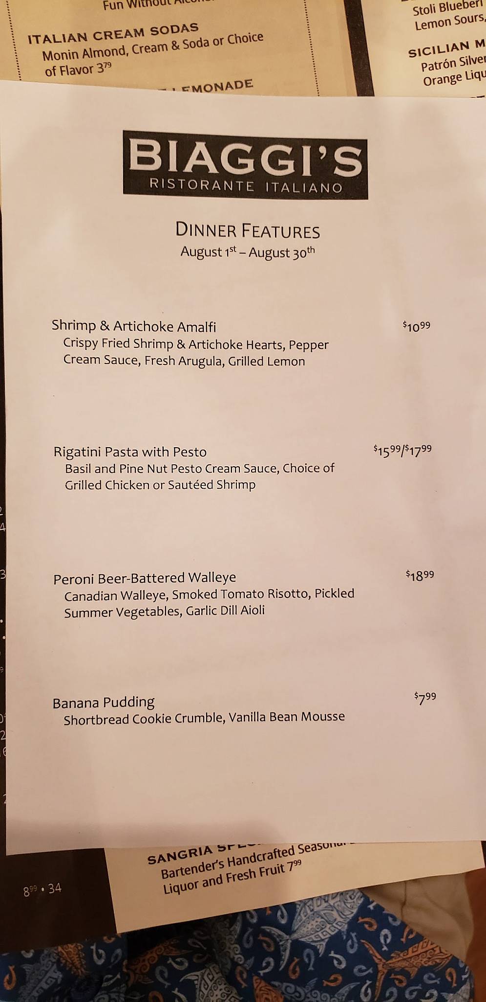 Menu at Biaggi's Ristorante Italiano restaurant, Davenport