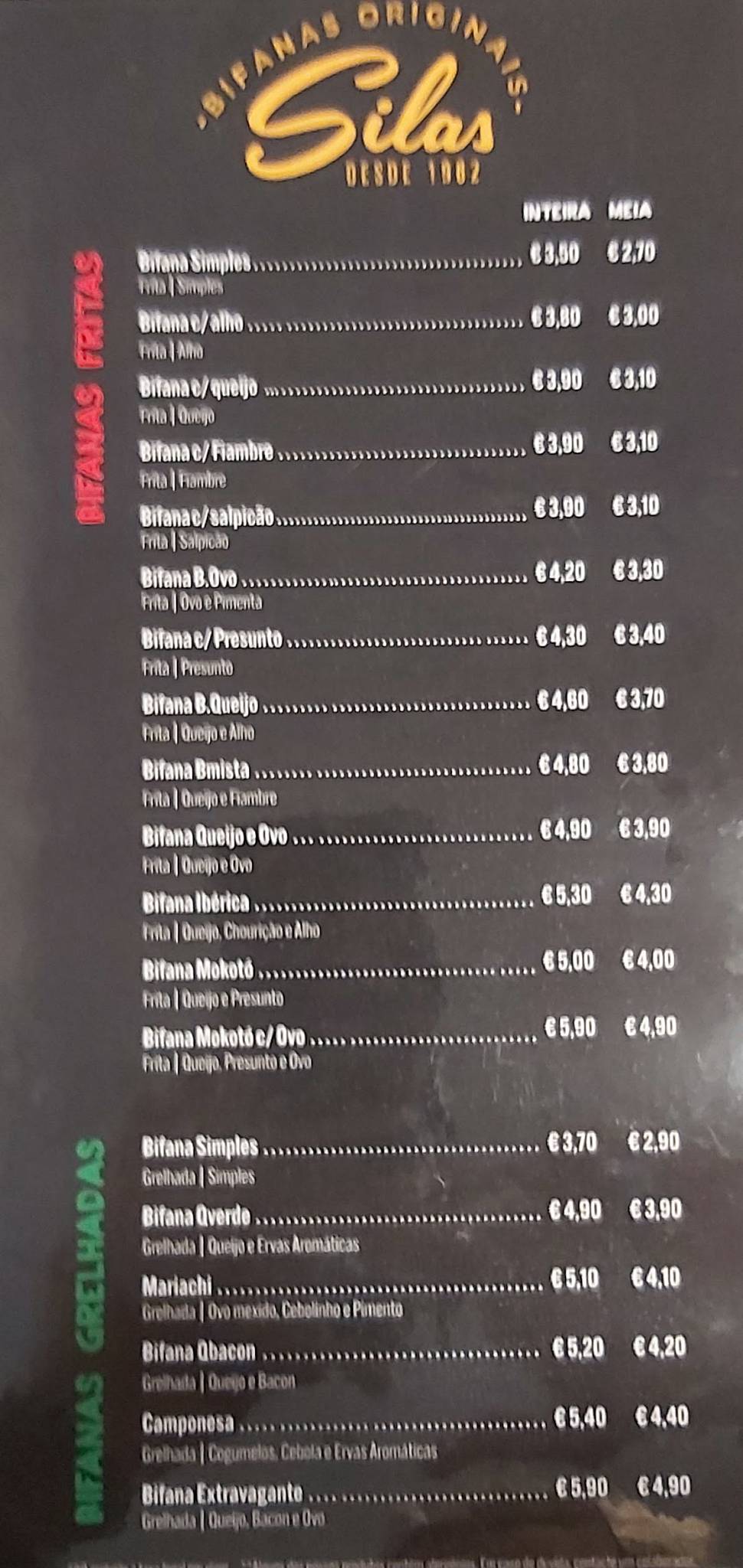 Menu em Bifanas Originais Silas restaurante, Muge