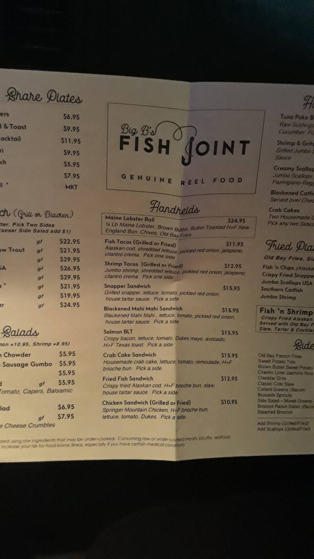 Menu at Big B's Fish Joint restaurant, Atlanta