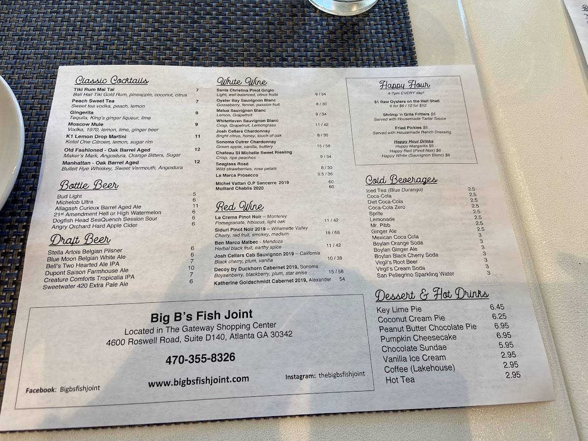 Menu at Big B's Fish Joint restaurant, Atlanta