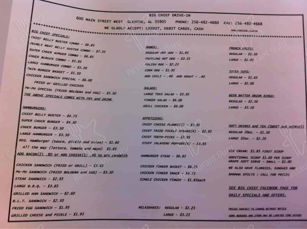 Menu at Big Chief Drive-In fast food, Glencoe