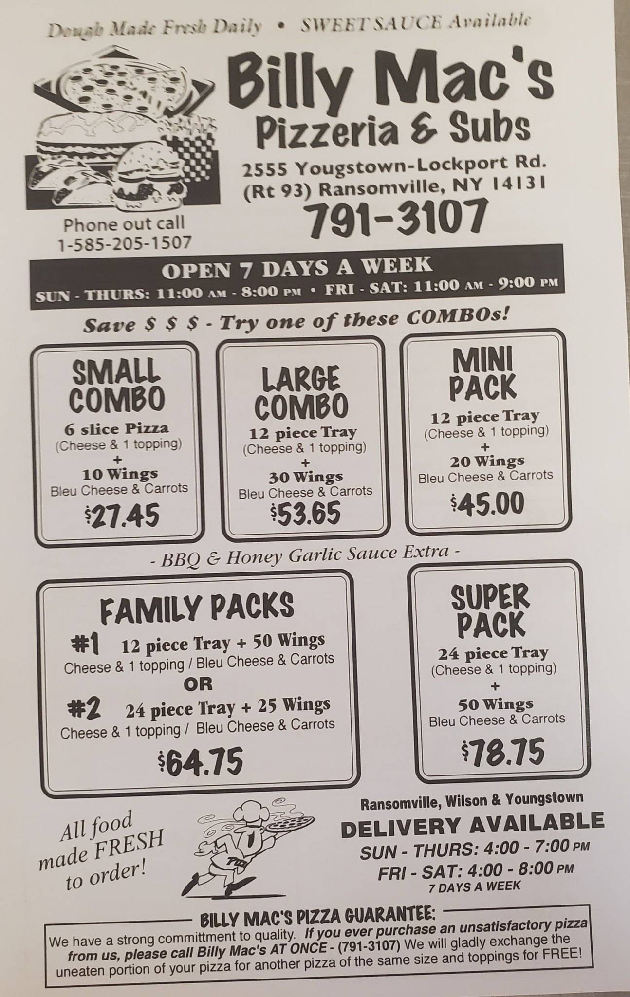Menu at Billy Mac's Pizzeria, Ransomville