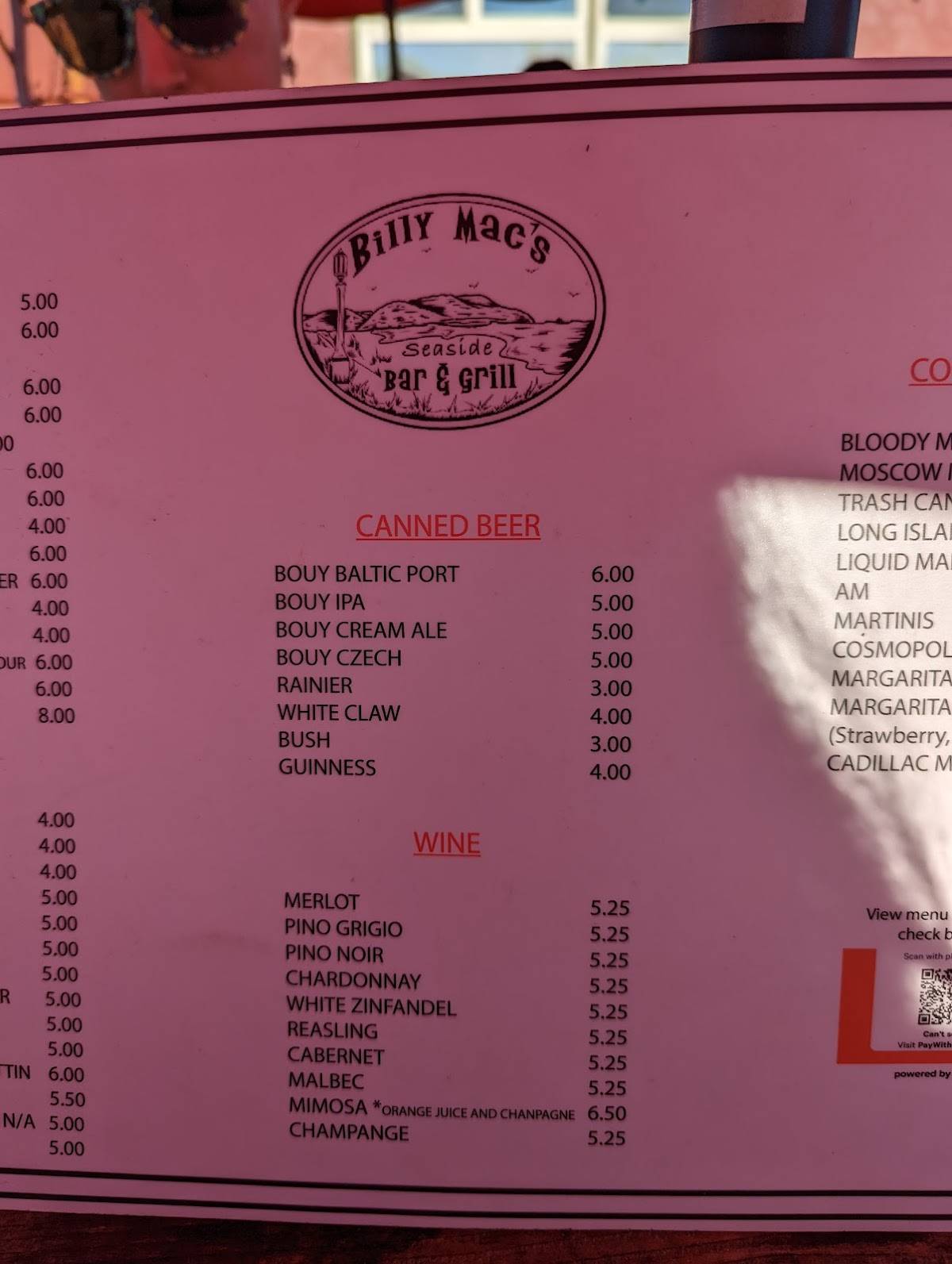Menu at Billy Mac's Seaside Bar & Grill, Seaside